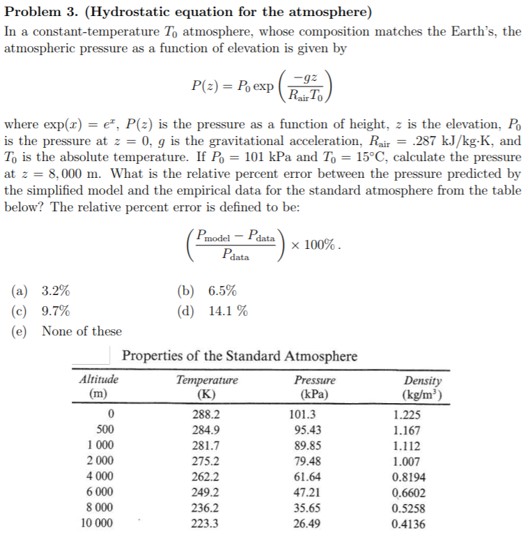 Solved Problem 3. (Hydrostatic equation for the atmosphere) | Chegg.com