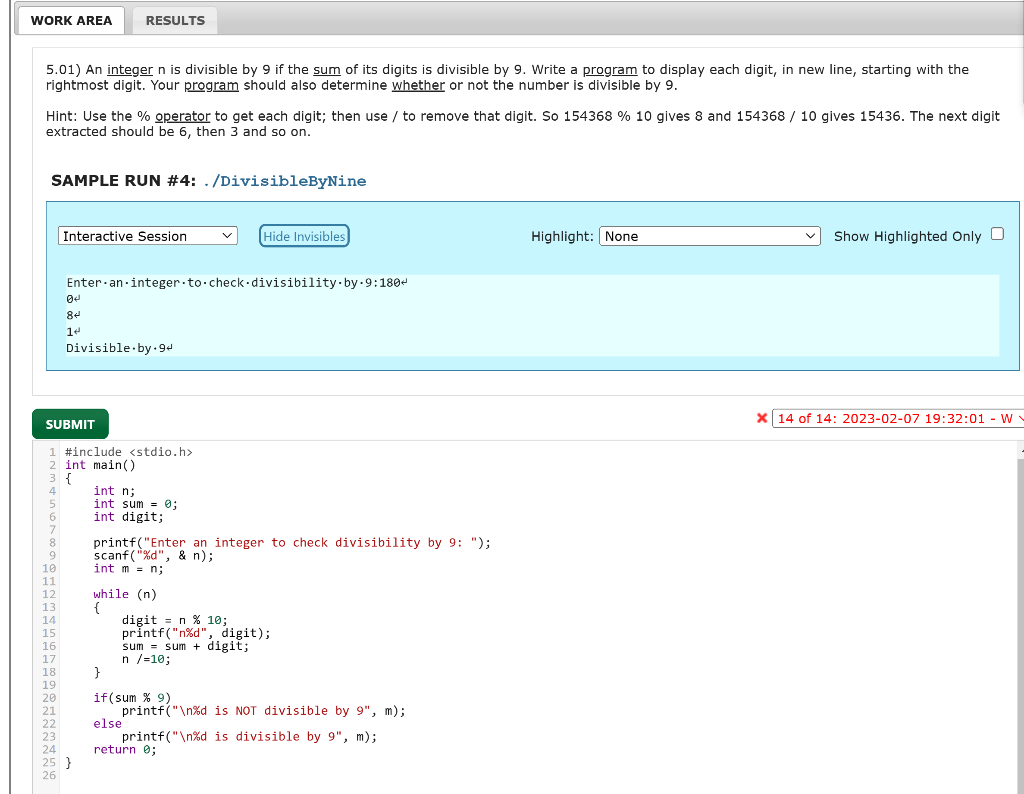 Solved 5.01) An integer n is divisible by 9 if the sum of | Chegg.com