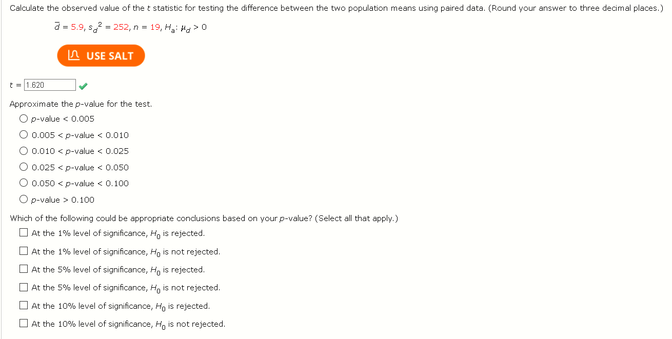 Solved Calculate the observed value of the t statistic for | Chegg.com