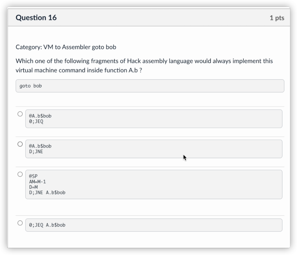 Solved Question 16 1 pts Category: VM to Assembler goto bob | Chegg.com
