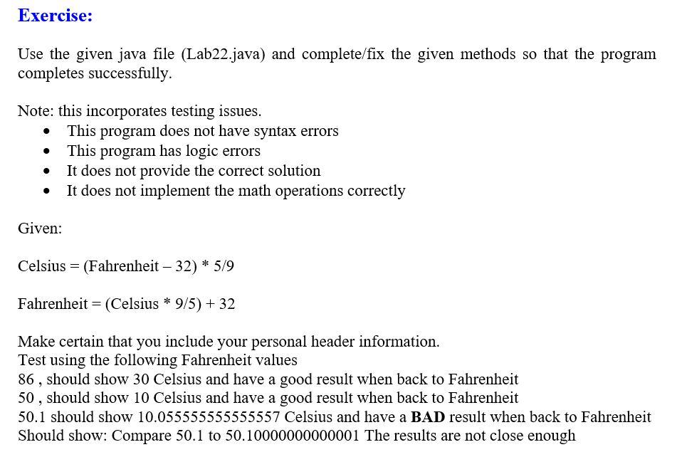 Solved Exercise: Use the given java file (Lab22.java) and | Chegg.com