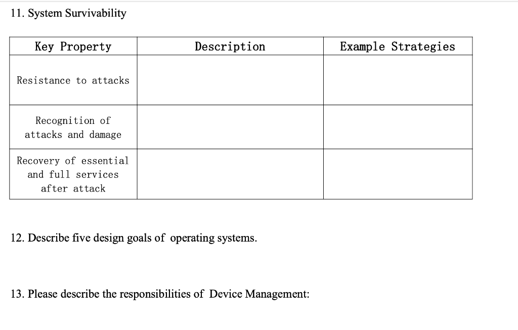 Solved 11. System Survivability Key Property Description | Chegg.com
