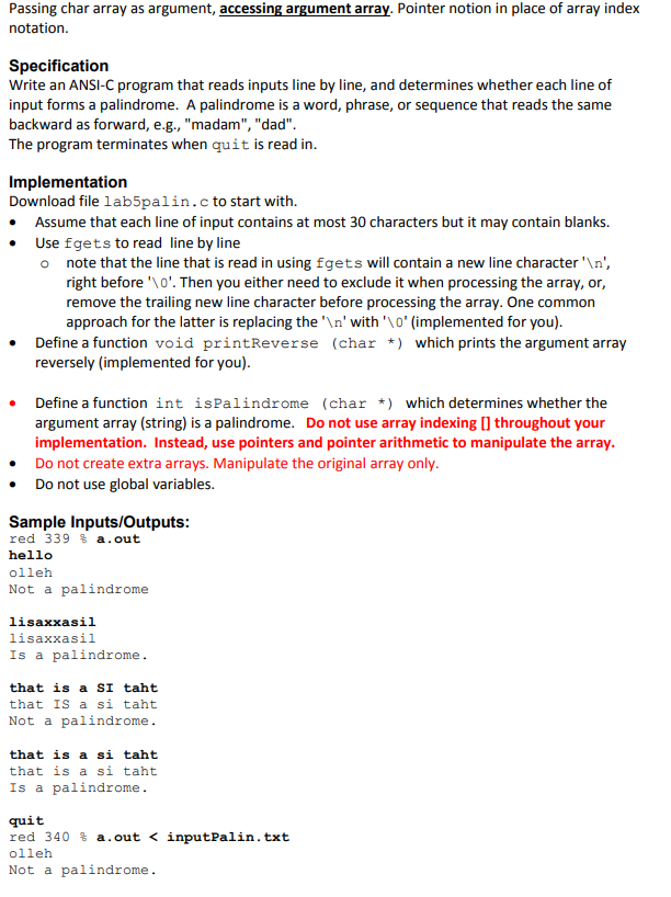 Solved Passing char array as argument, accessing argument | Chegg.com