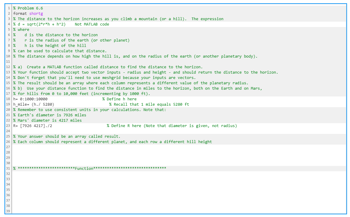 Solved a) ﻿Create a MATLAB function called distance to find | Chegg.com