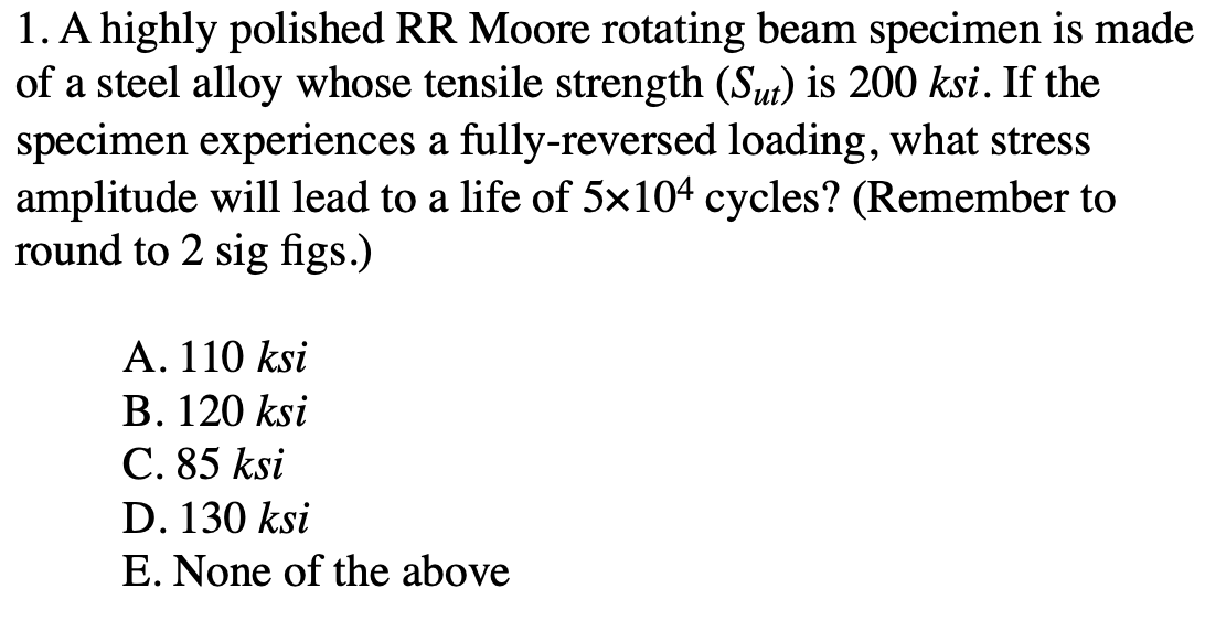 Solved 1. A highly polished RR Moore rotating beam specimen | Chegg.com