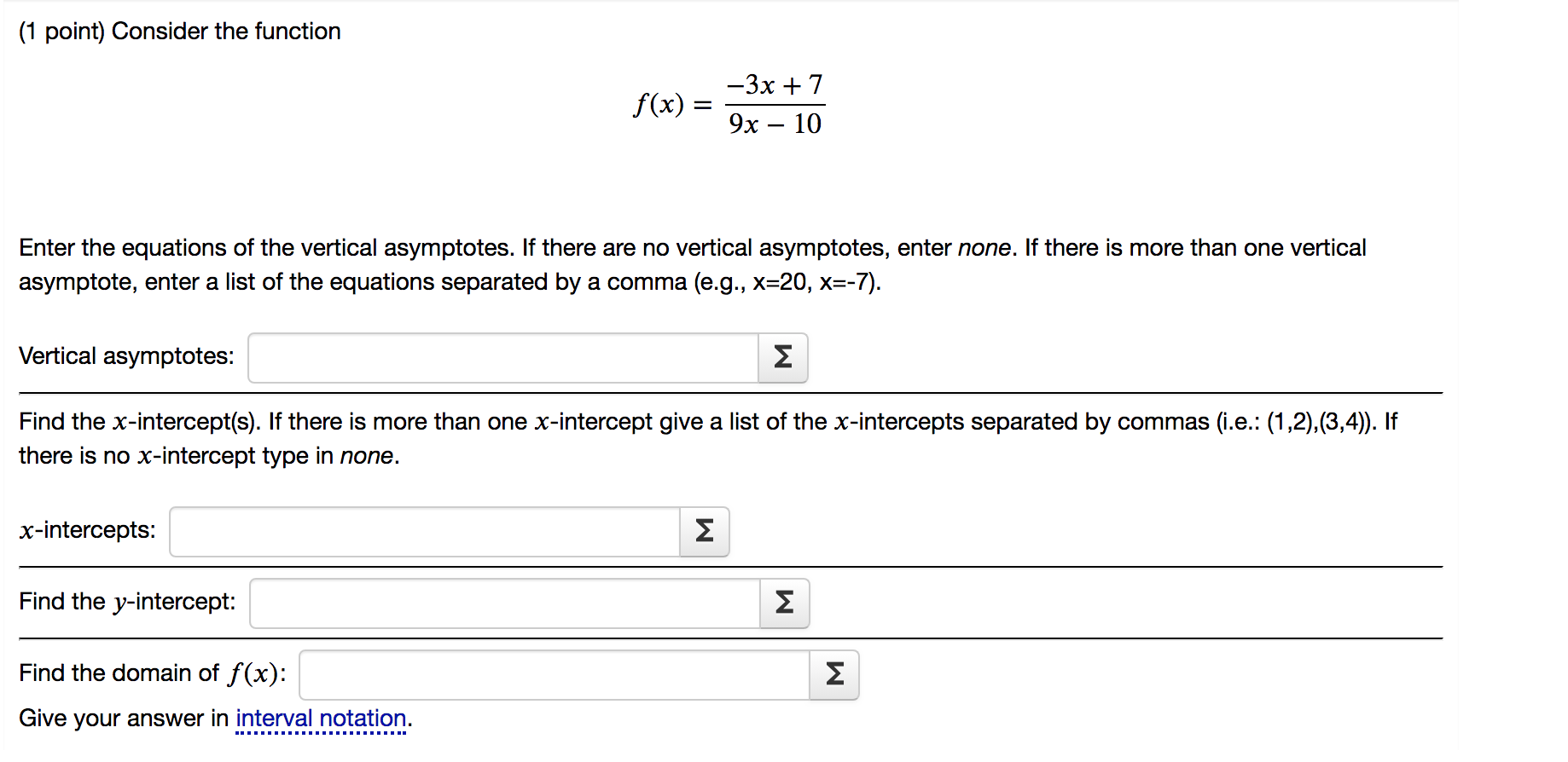 Solved (1 point) Consider the function f(x) = -3x + 7 9x – | Chegg.com