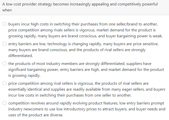 Solved A low-cost provider strategy becomes increasingly | Chegg.com