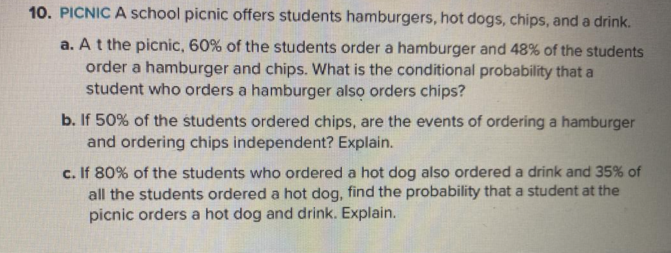 Solved 10. PICNIC A school picnic offers students | Chegg.com