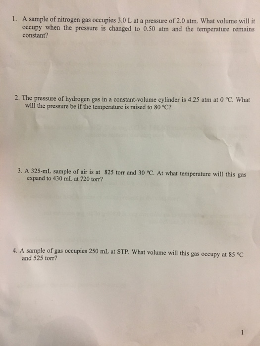 Solved 1. A sample of nitrogen gas occupies 3.0 L at a | Chegg.com