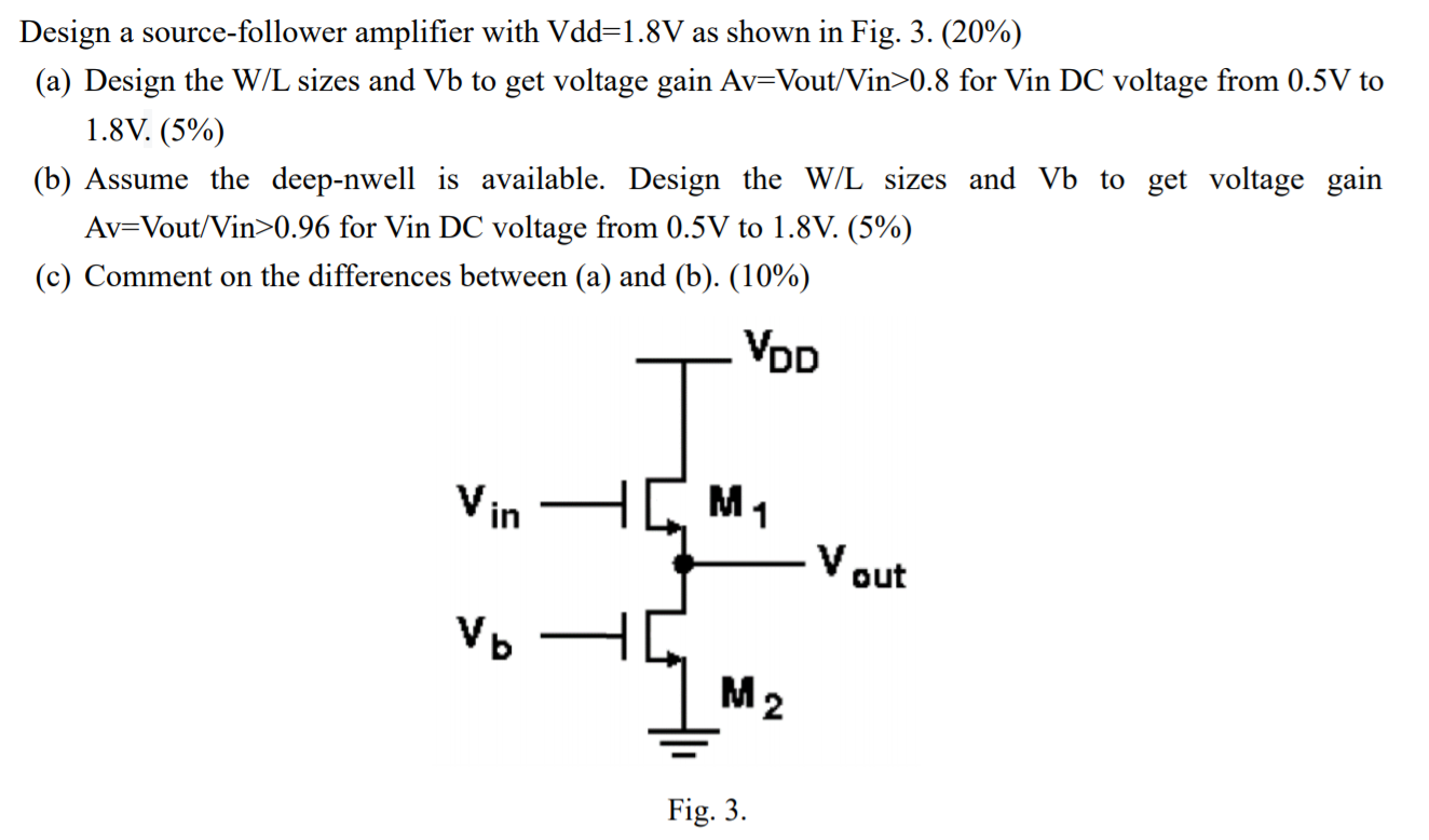 Design a source-follower amplifier with Vdd=1.8V as | Chegg.com