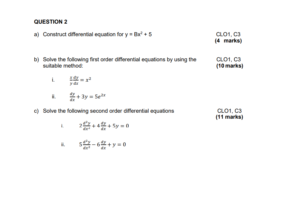 Solved QUESTION 2 a) Construct differential equation for y = | Chegg.com