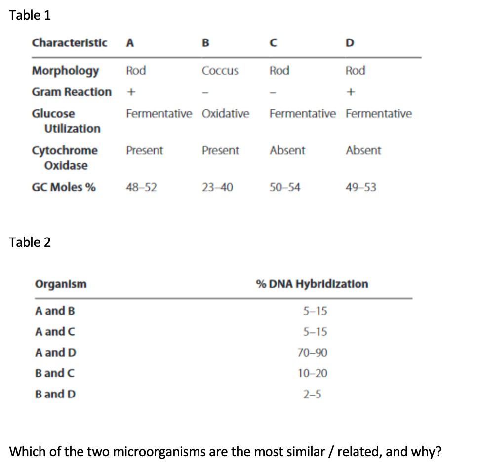 Solved Table 1 Characteristic A B с D Rod Coccus Rod Rod + + | Chegg.com