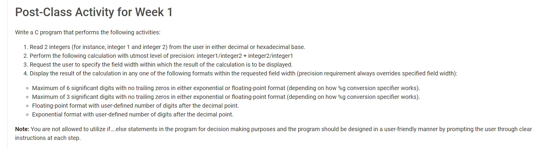 Solved Post-Class Activity for Week 1 Write a C program that | Chegg.com