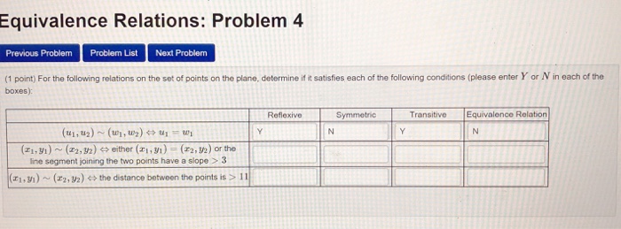 Solved Equivalence Relations: Problem 4 Previous | Chegg.com