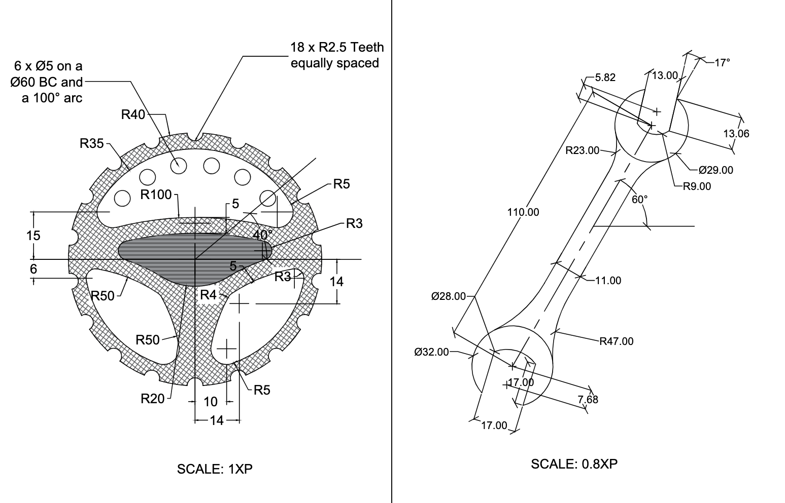 Solved 6 x Ø5 on a Ø60 BC and a 100° arc 15 6 R35 R50 R40 | Chegg.com