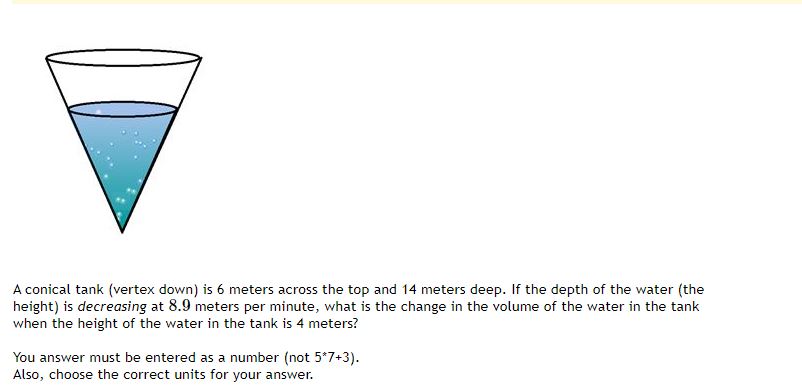 Solved A conical tank (vertex down) is 6 meters across the | Chegg.com