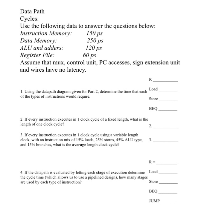 Solved Data Path Cycles Use the following data to answer the | Chegg.com