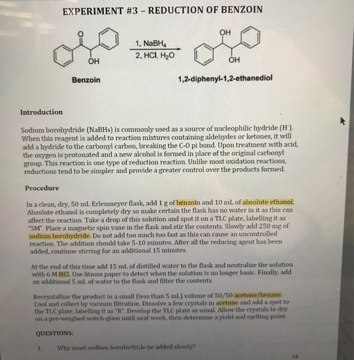 Solved EXPERIMENT #3-REDUCTION OF BENZOIN OH 1.NaBH4 2. HCI, | Chegg.com