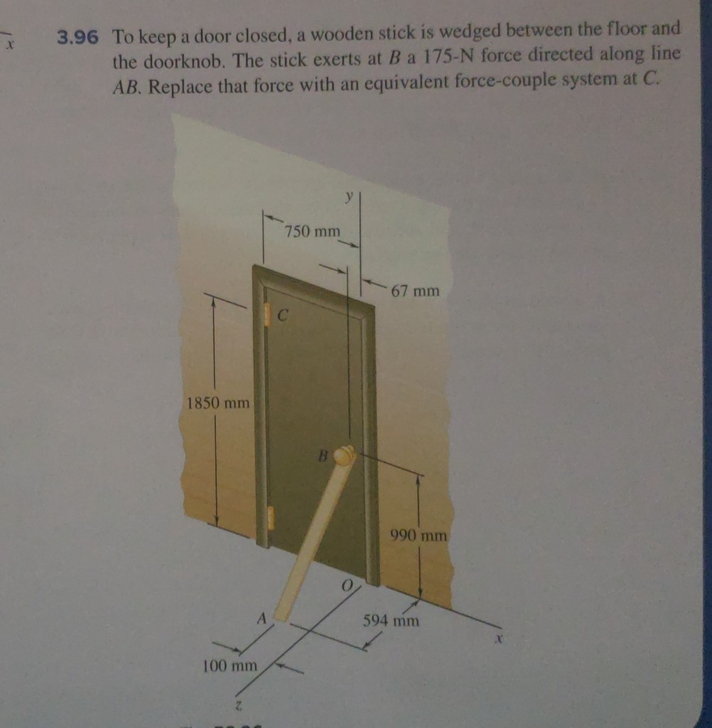 Solved 3.96 To keep a door closed, a wooden stick is wedged | Chegg.com