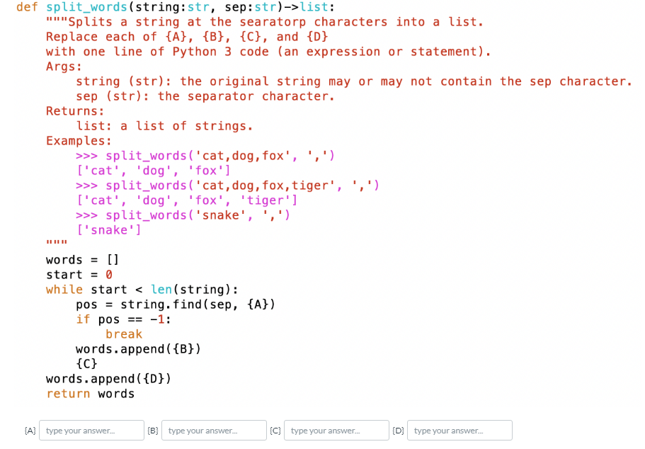 Solved Def Split words string Str Sep str list Splits Chegg
