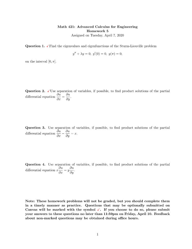 Solved Math 421: Advanced Calculus for Engineering Homework | Chegg.com