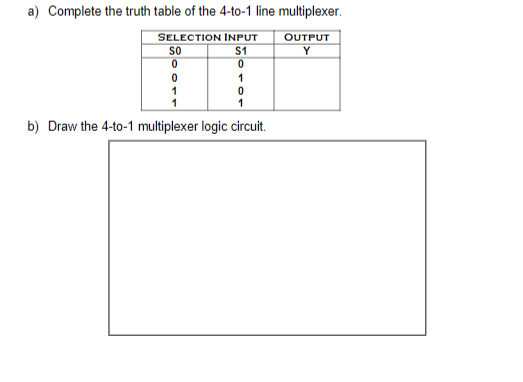 Solved OUTPUT a) Complete the truth table of the 4-to-1 line | Chegg.com