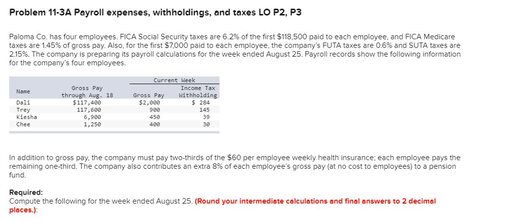 Solved Problem 11-3A Payroll expenses, withholdings, and | Chegg.com