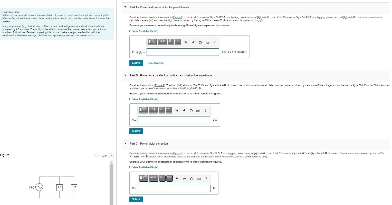 Solved - Part A - Power and power factor for parallel loads | Chegg.com