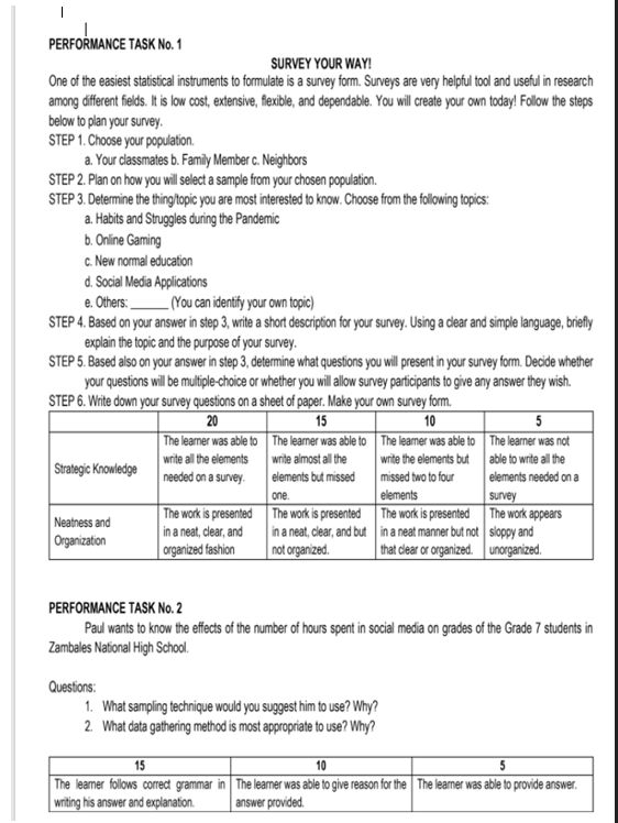 Solved PERFORMANCE TASK No. 1 SURVEY YOUR WAY! One of the | Chegg.com