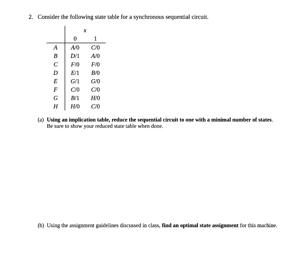 Solved 2. Consider the following state table for a | Chegg.com