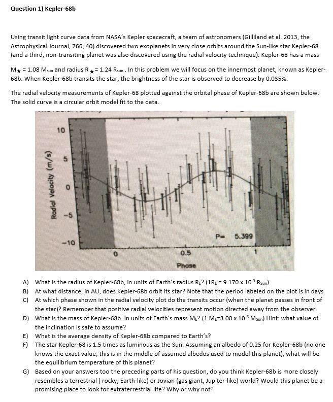 Question 1) Kepler-68b Using transit light curve data | Chegg.com