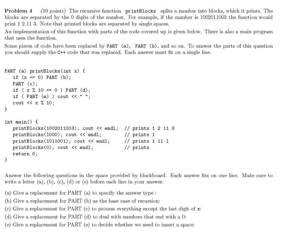Problem 4 (10 points) The recursive function | Chegg.com