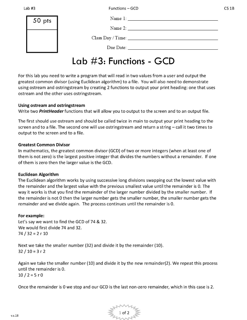 Solved Lab #3 Functions - GCD CS 1B 50 pts Name 1: Name 2 | Chegg.com