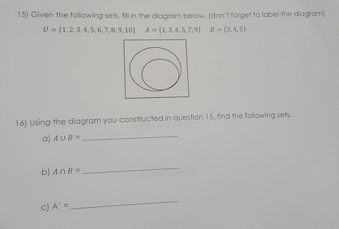 Solved 15) Given the following sets, fill in the diagram | Chegg.com