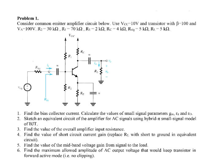 Solved Problem 1. Consider common emitter amplifier circuit | Chegg.com