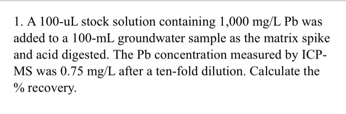 Solved A 100-uL stock solution containing 1,000 mg/L Pb was | Chegg.com