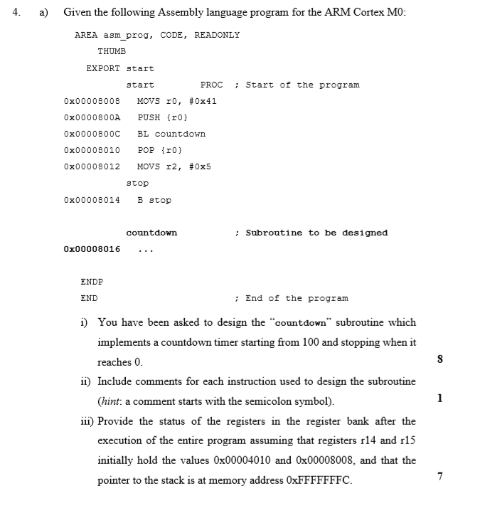 4. a) Given the following Assembly language program | Chegg.com
