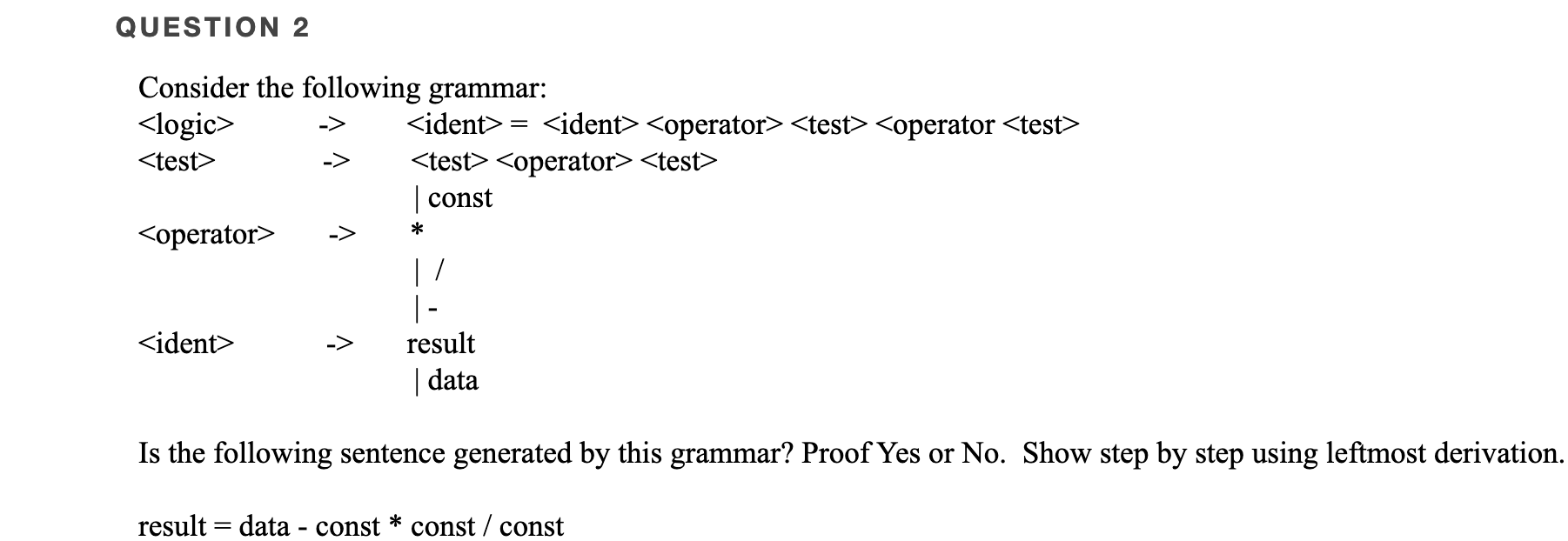 Solved QUESTION 2 - > Consider the following grammar: = | Chegg.com