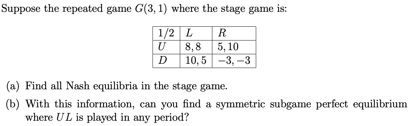 Solved Suppose the repeated game G(3,1) where the stage game | Chegg.com
