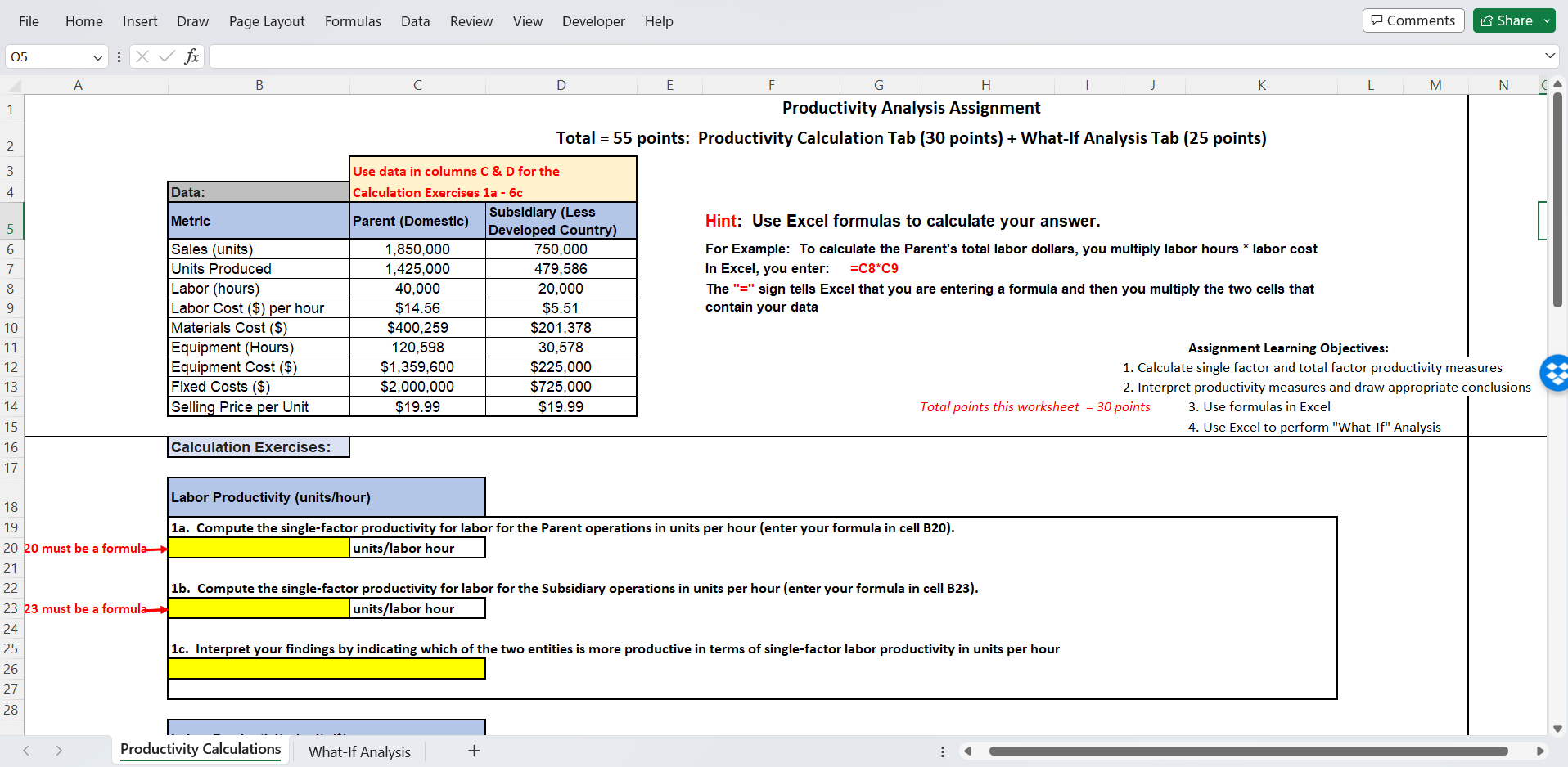 ts: Productivity Calculation Tab ( 30 points) + | Chegg.com