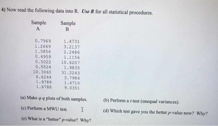 Solved 4) Now read the following data into R. Use R for all | Chegg.com