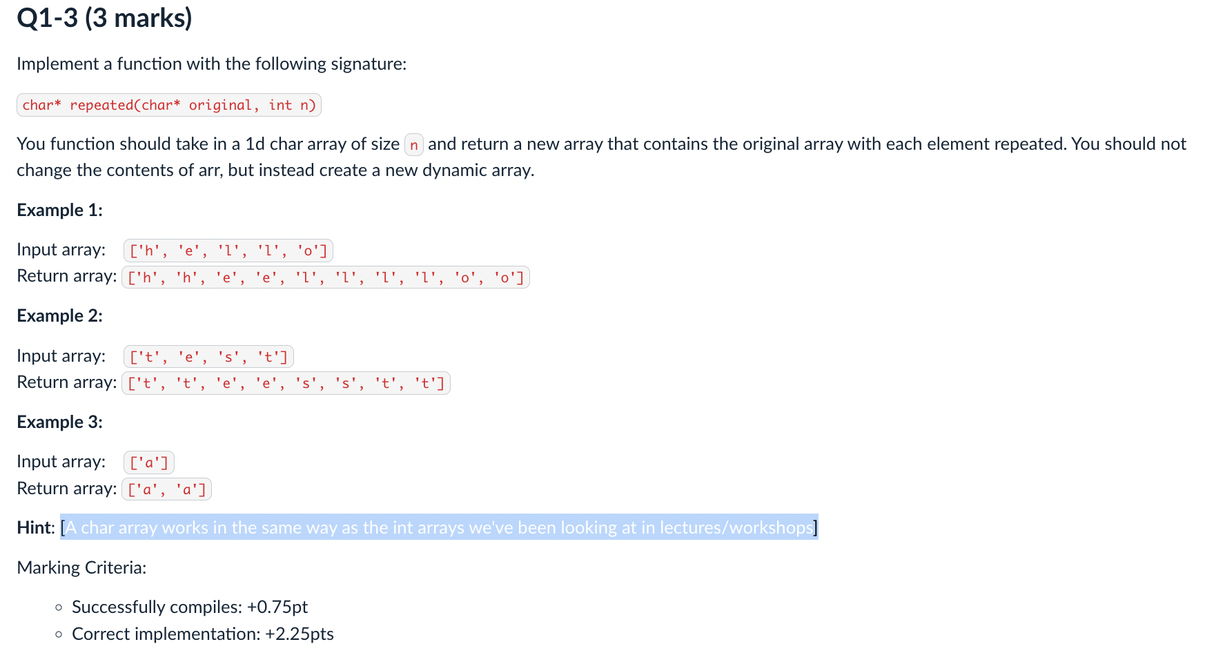 Solved Q1-3 (3 marks) Implement a function with the | Chegg.com