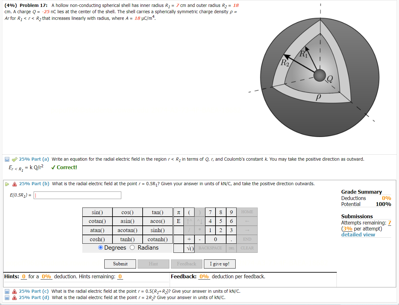 Solved (4\%) Problem 17: A hollow non-conducting spherical | Chegg.com