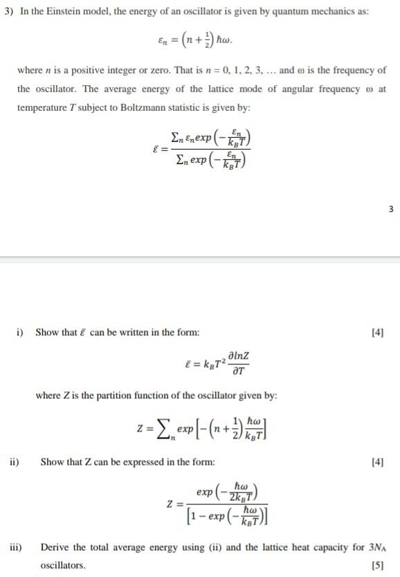 Solved 3) In the Einstein model, the energy of an oscillator | Chegg.com