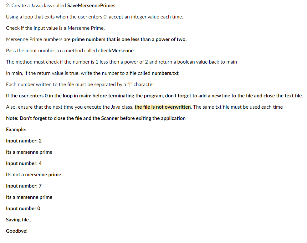 Solved 2. Create a Java class called SaveMersennePrimes | Chegg.com