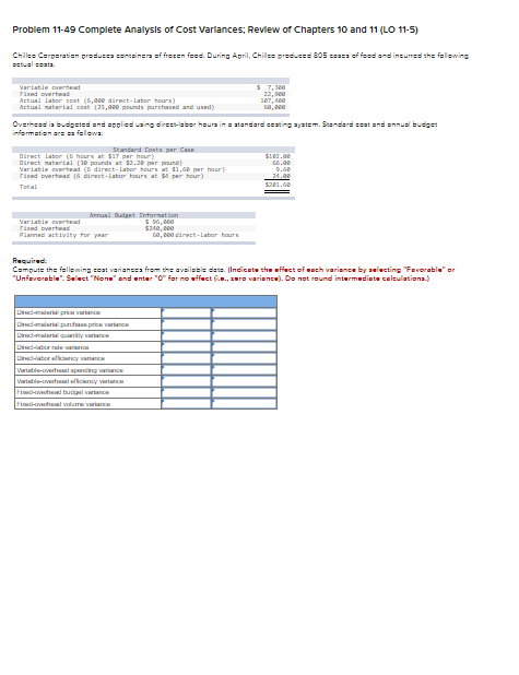 Solved Problem 11-49 Complete Analysls of Cost Varlances; | Chegg.com Solved Problem 11-49 Complete Analysls of Cost Varlances; | Chegg.com