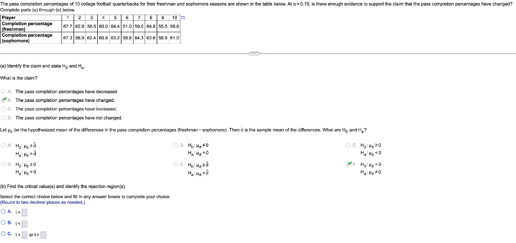 Solved The pass completion percentages of 10 college | Chegg.com