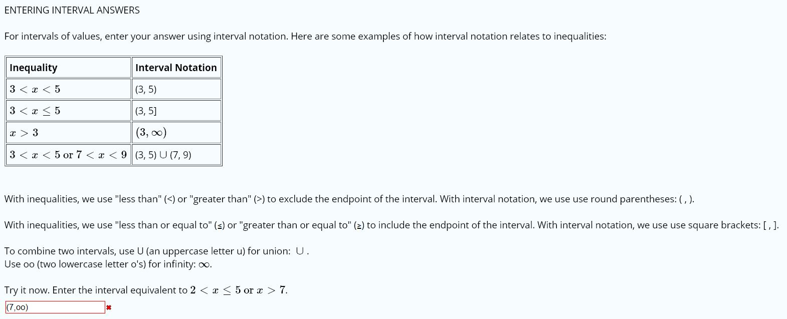 Solved Entering Interval Answers For Intervals Of Values