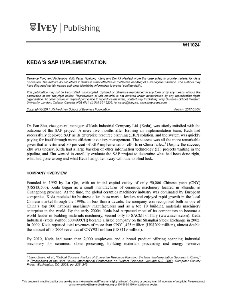 Ivey Publishing W11024 KEDA'S SAP IMPLEMENTATION | Chegg.com
