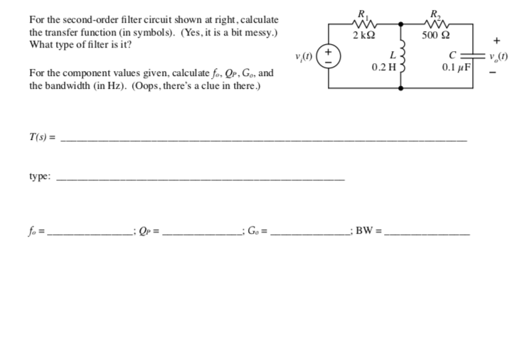 Solved For the second-order filter circuit shown at right, | Chegg.com